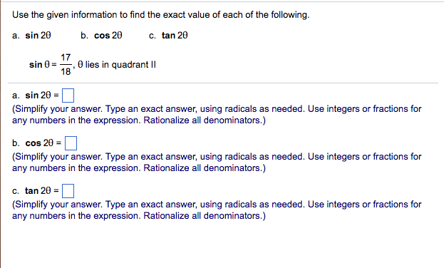 Solved Use the given information to find the exact value of | Chegg.com