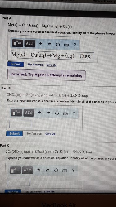 Solved Part A Mg(s) + CuCl2 (aq)->MgCl2 (aq) + Cu(s) Express | Chegg.com