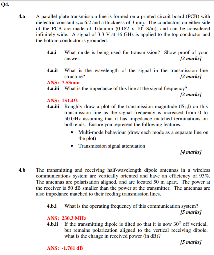 Solved Q4. 4.a A parallel plate transmission line is formed | Chegg.com