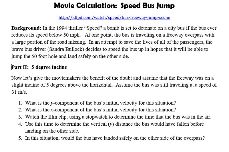 Solved Movie Calculation: Speed Bus Jump | Chegg.com