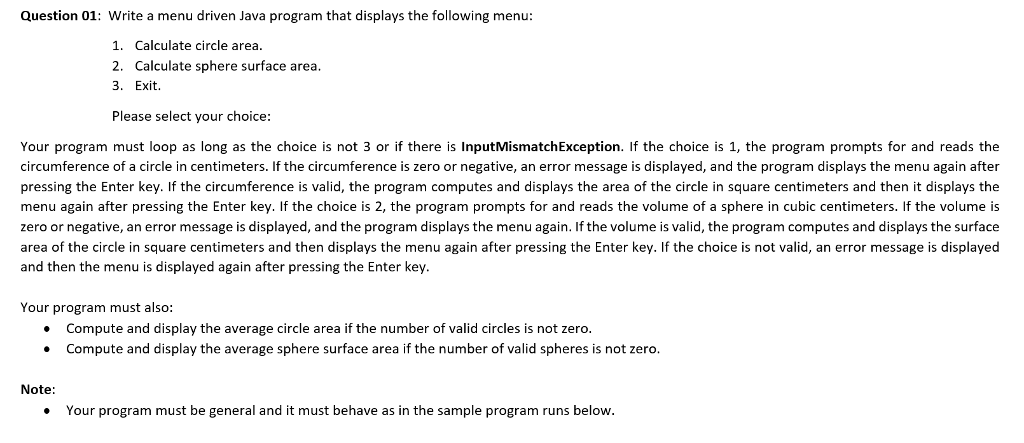 Solved Question 01 Write A Menu Driven Java Program That