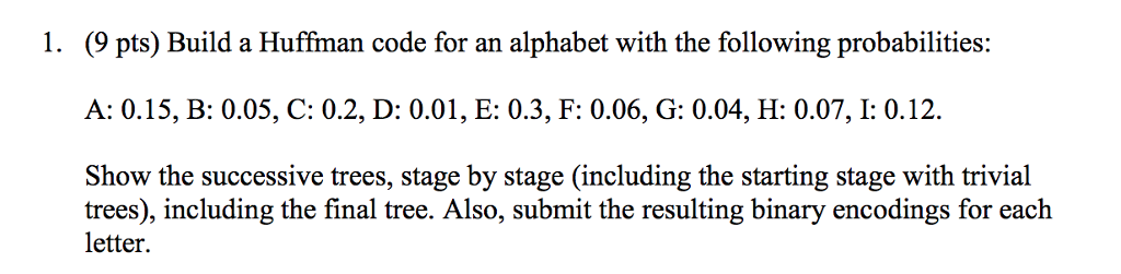 Solved 1. (9 pts) Build a Huffman code for an alphabet with | Chegg.com