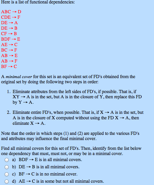 Here is a list of functional dependencies: ABC->-D | Chegg.com