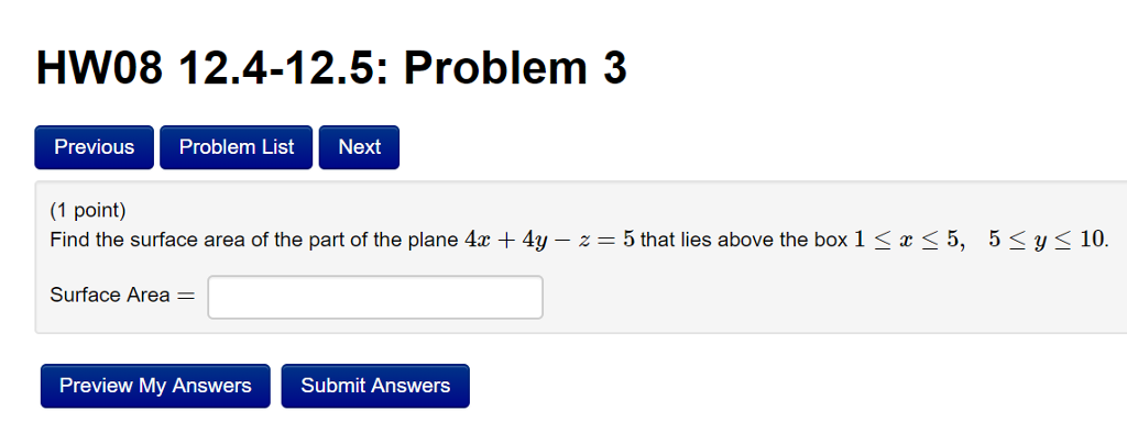 Solved vious Problem ListNext (1 point) Find the surface | Chegg.com