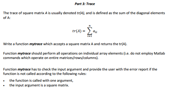 Solved Part 3: Trace The trace of square matrix A is usually | Chegg.com