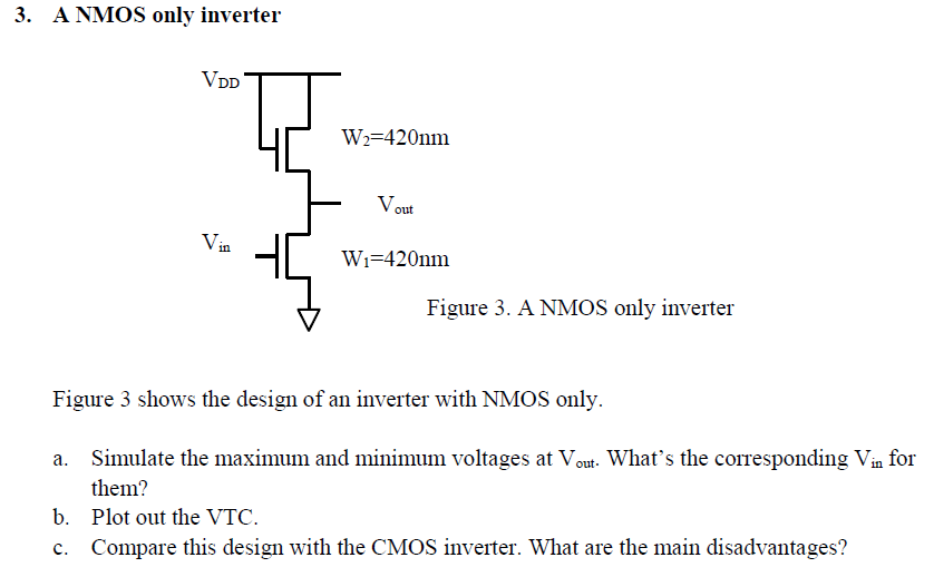 Solved 3. A NMOS only inverter W: 420nm _Vout Vin W 420nm | Chegg.com