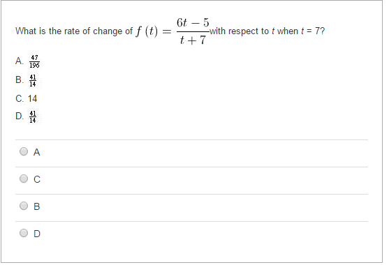 Solved What is the rate of change of f (t) = 6t - 5/ t + 7 | Chegg.com