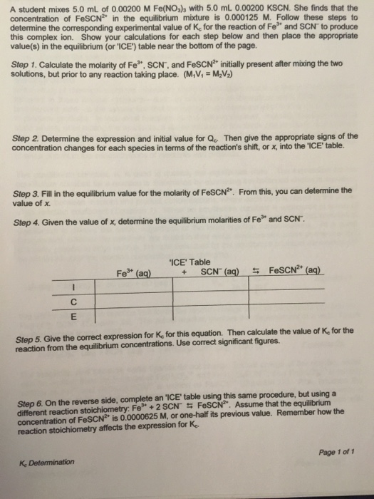 Solved A student mixes 5.0 mL of 0 00200 M Fe(NO_3)_3 with | Chegg.com