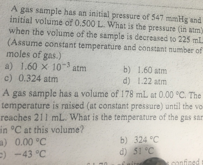 Solved A gas sample has an initial pressure of 547 mmHg and | Chegg.com
