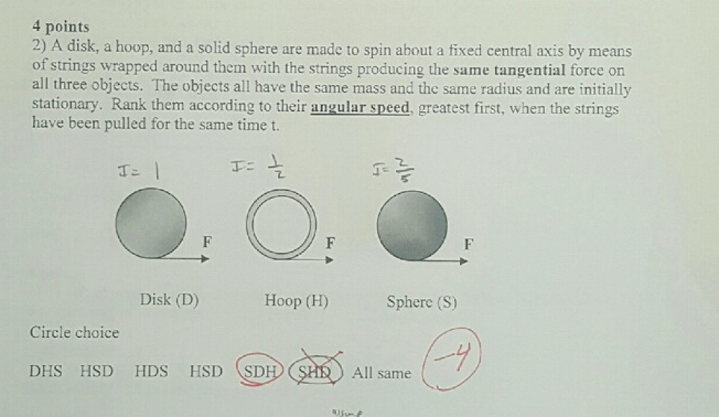 Solved 4 points 2) A disk, a hoop, and a solid sphere are | Chegg.com