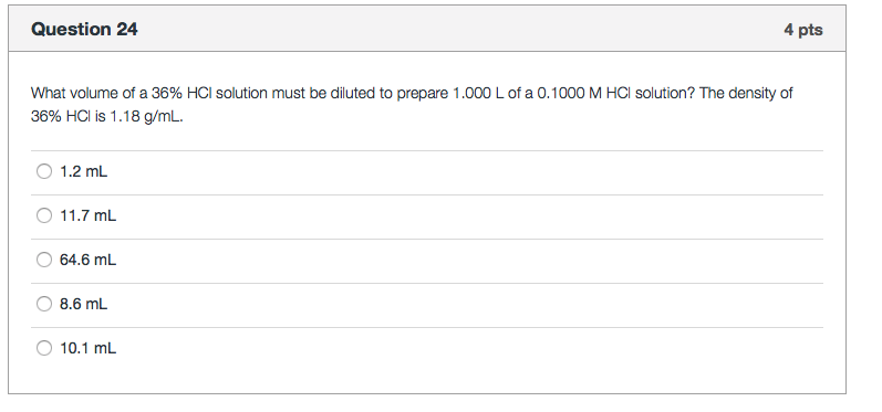 Solved What volume of a 36% HCI solution must be diluted to | Chegg.com