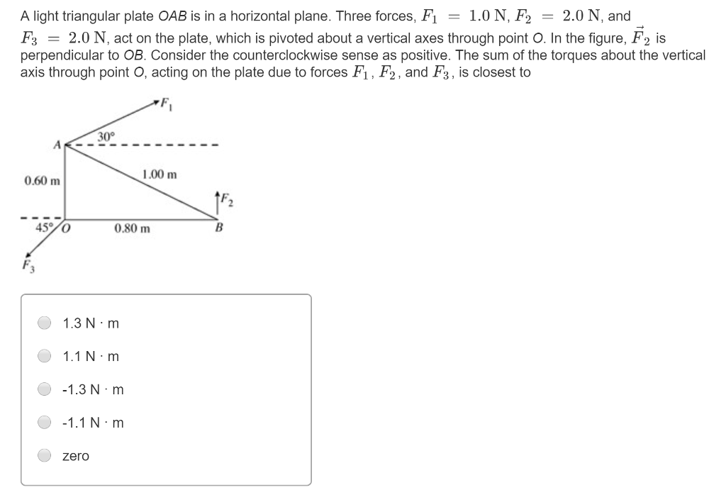 Solved A light triangular plate OAB is in a horizontal | Chegg.com
