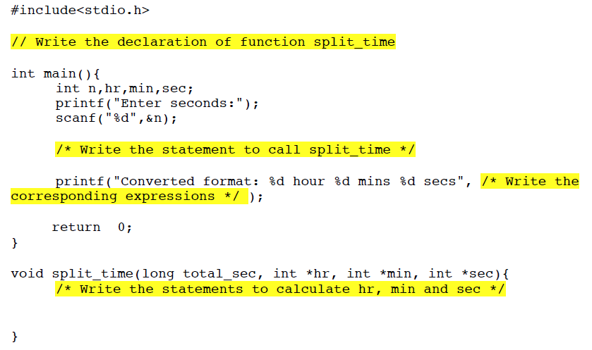Solved The following program splitTime.c is used to split a | Chegg.com