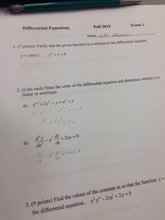 Solved Differential Equations Fall 2015 Exam1 1.(7 points) | Chegg.com