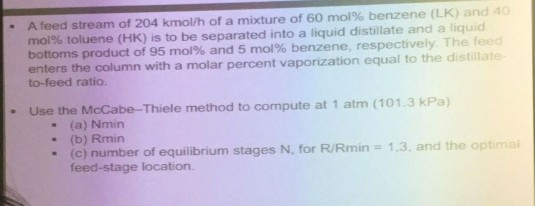 Solved A feed stream of 204 kmol/h of a mixture of 60 mol% | Chegg.com