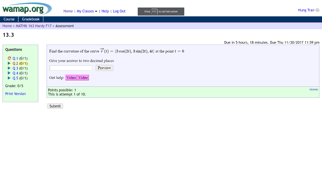 Solved wamap.rgHome I My Classes I Help I Log Out Hung Tran | Chegg.com