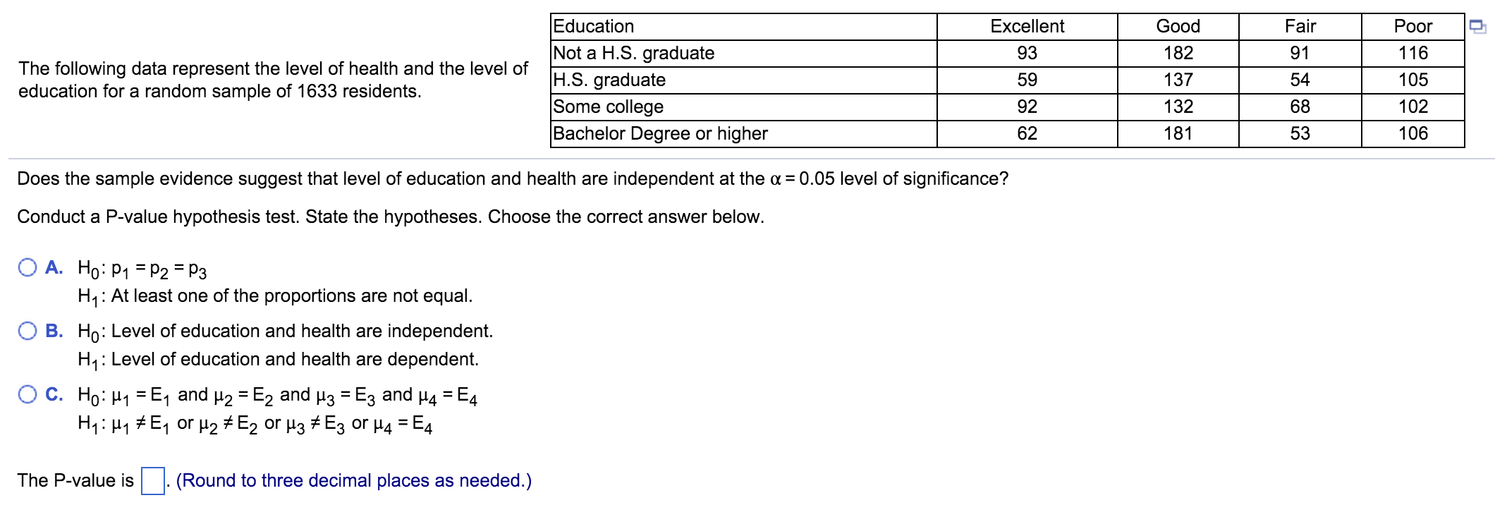Solved The following data represent the level of health and | Chegg.com