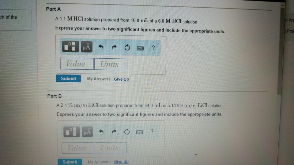 Solved Part A A 1.1 M HCl solution prepared from 16.0 mL of | Chegg.com
