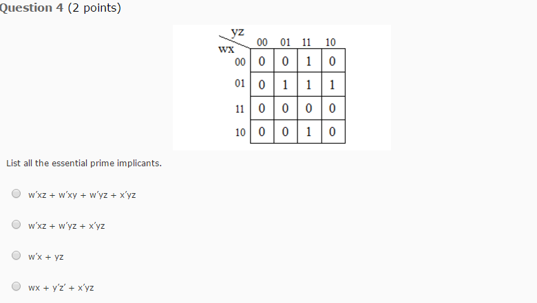 Solved List all the essential prime implicants. w'xz + w'xy | Chegg.com
