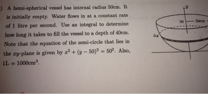 Solved A hemi-spherical vessel has internal radius 50cm. It | Chegg.com