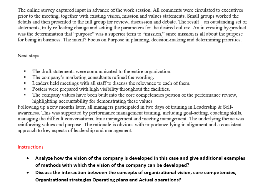 Solved Case Study: Making Vision, Mission and Values | Chegg.com