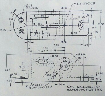 Solved 250-20UNC-2B 28 2 HOLES 31 R.25 450 R44 ーイ @ R 75 .25 | Chegg.com