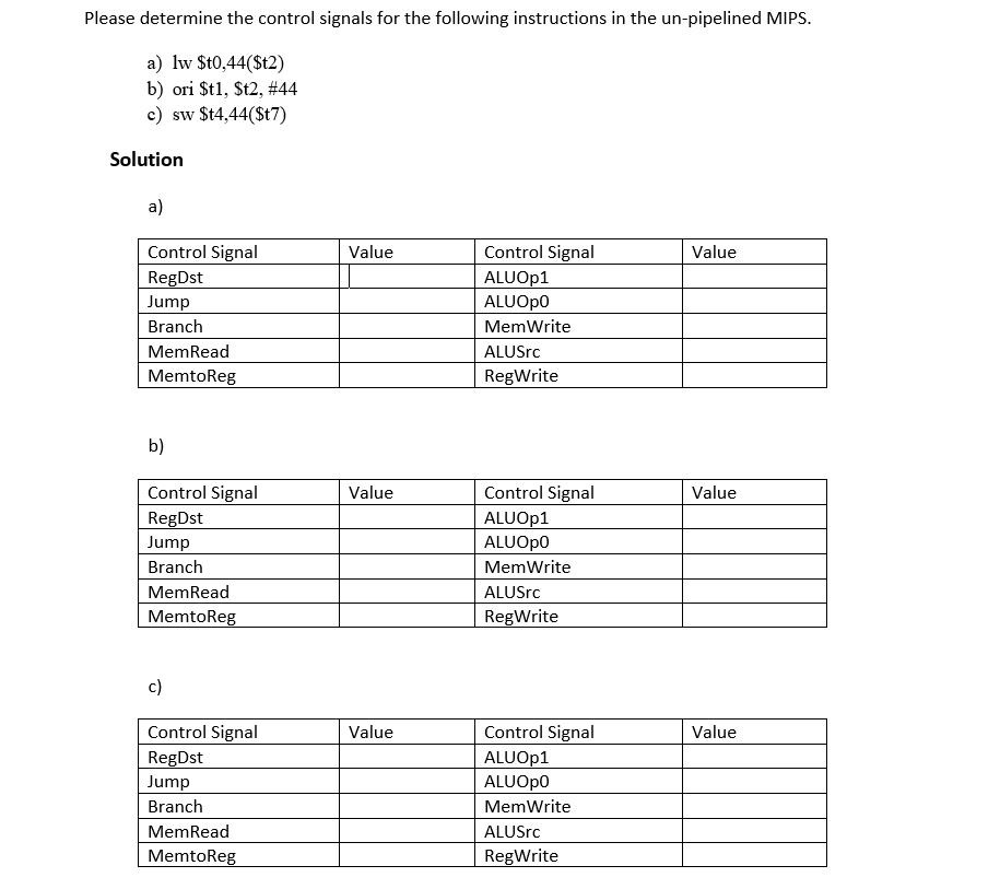 Solved Please determine the control signals for the | Chegg.com