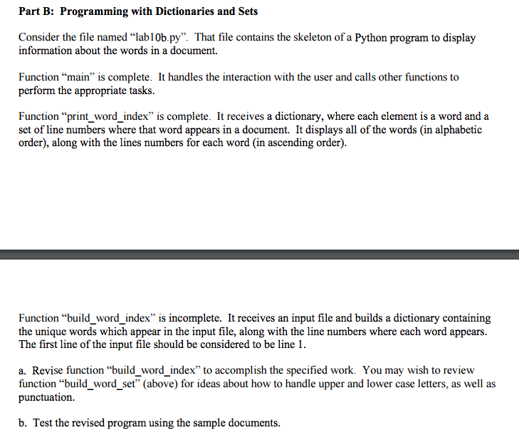 Solved Part B: Programming with Dictionaries and Sets | Chegg.com