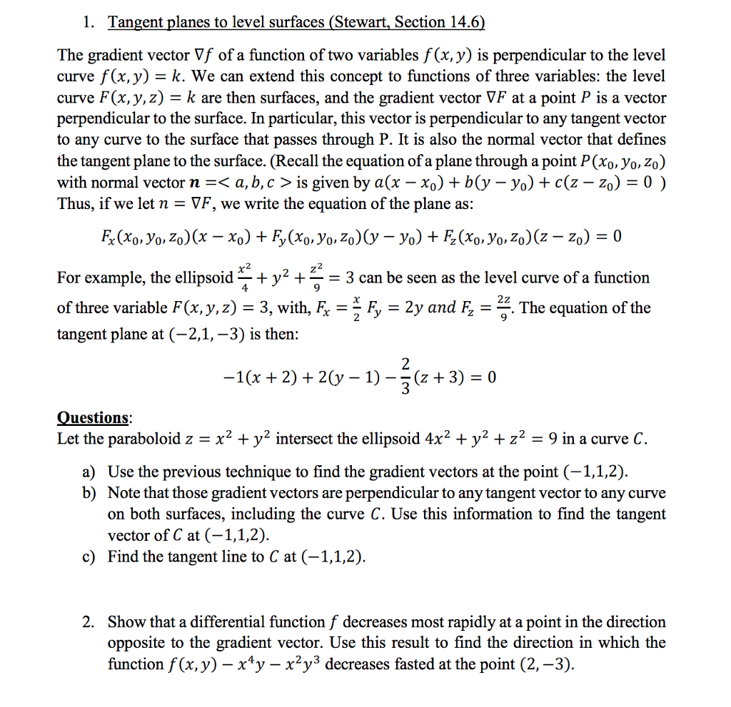 Solved 1. Tangent planes to level surfaces (Stewart, Section | Chegg.com