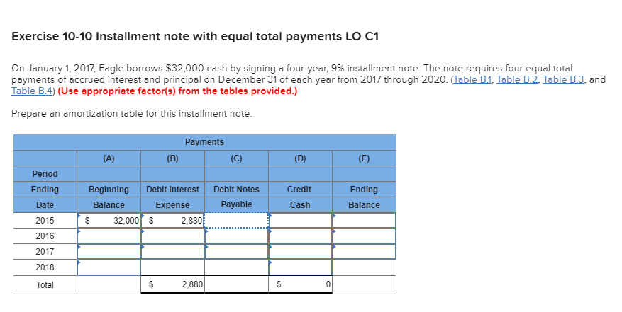 Solved Exercise 10-10 Installment note with equal total | Chegg.com