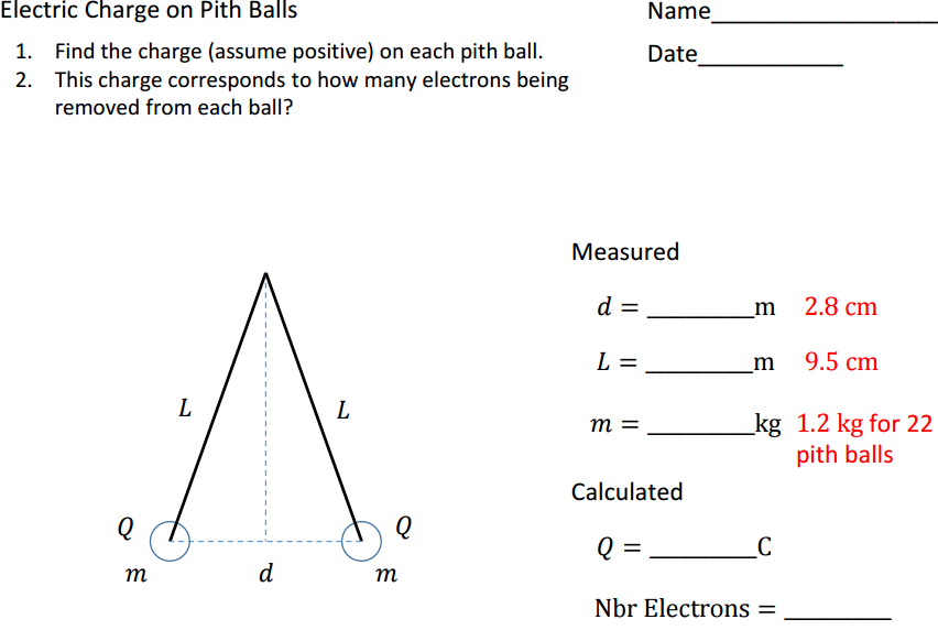 Solved Electric Charge on Pith Balls Name 1. Find the charge | Chegg.com