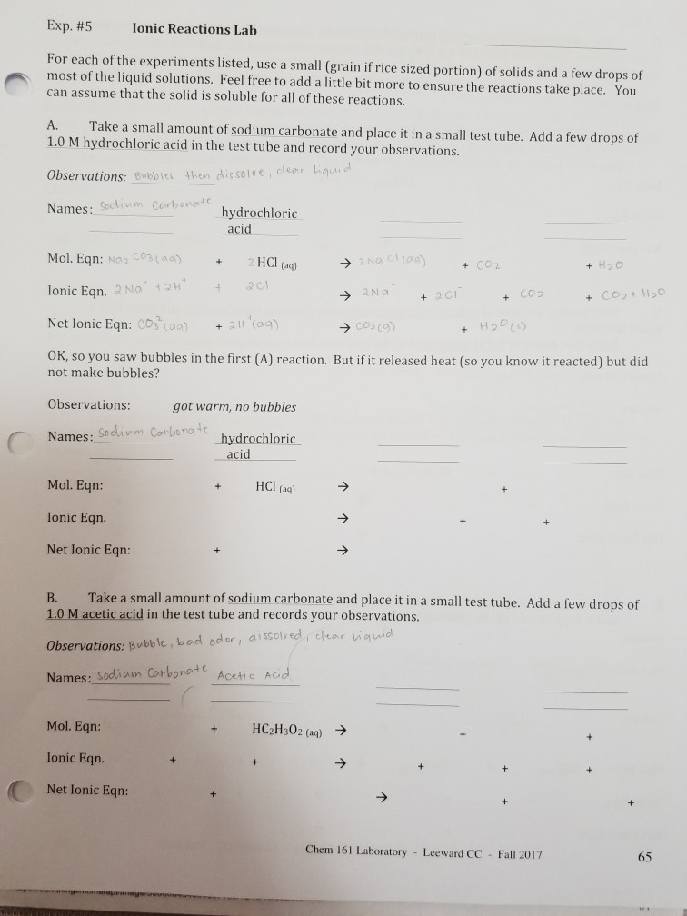 Solved Exp. #5 Ionic Reactions Lab For each of the | Chegg.com