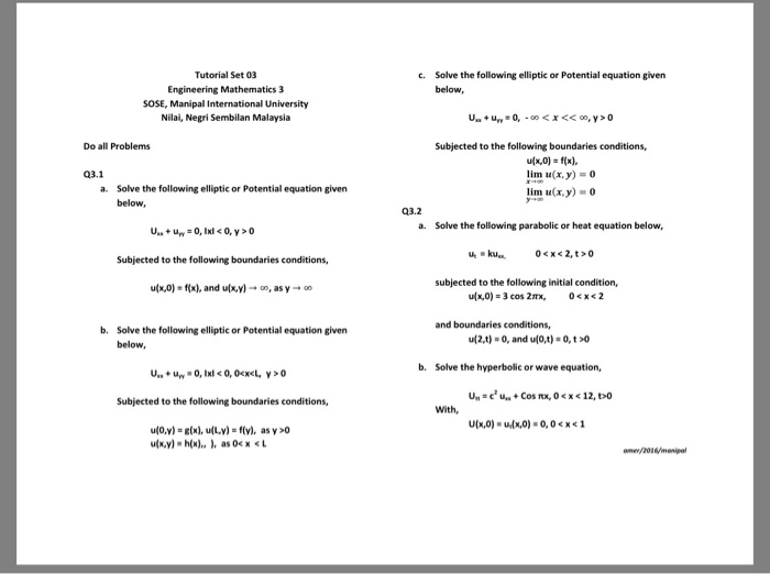 Solved Tutorial Set 01 Engineering Maths. 3 School of | Chegg.com