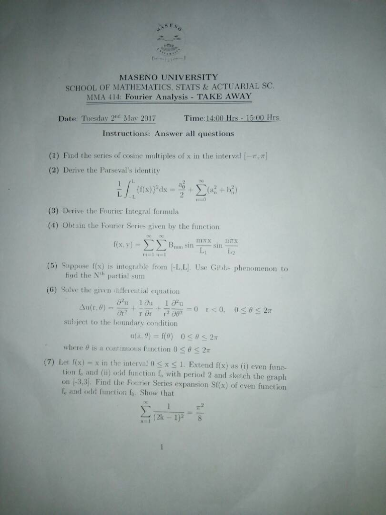 Solved MASENO UNIVERSITY SCHOOL OF MATHEMATICS, STATS & | Chegg.com