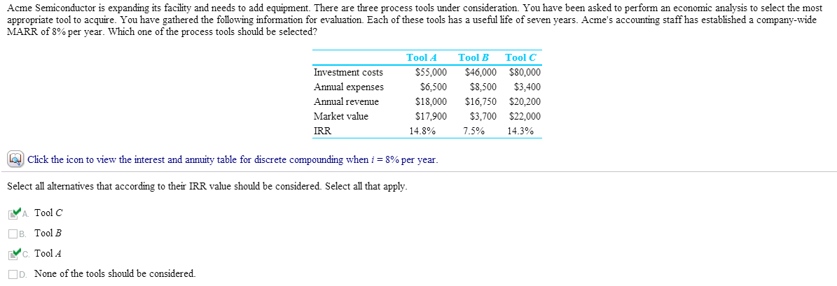 What is the PW value for Tool A and Tool C? | Chegg.com