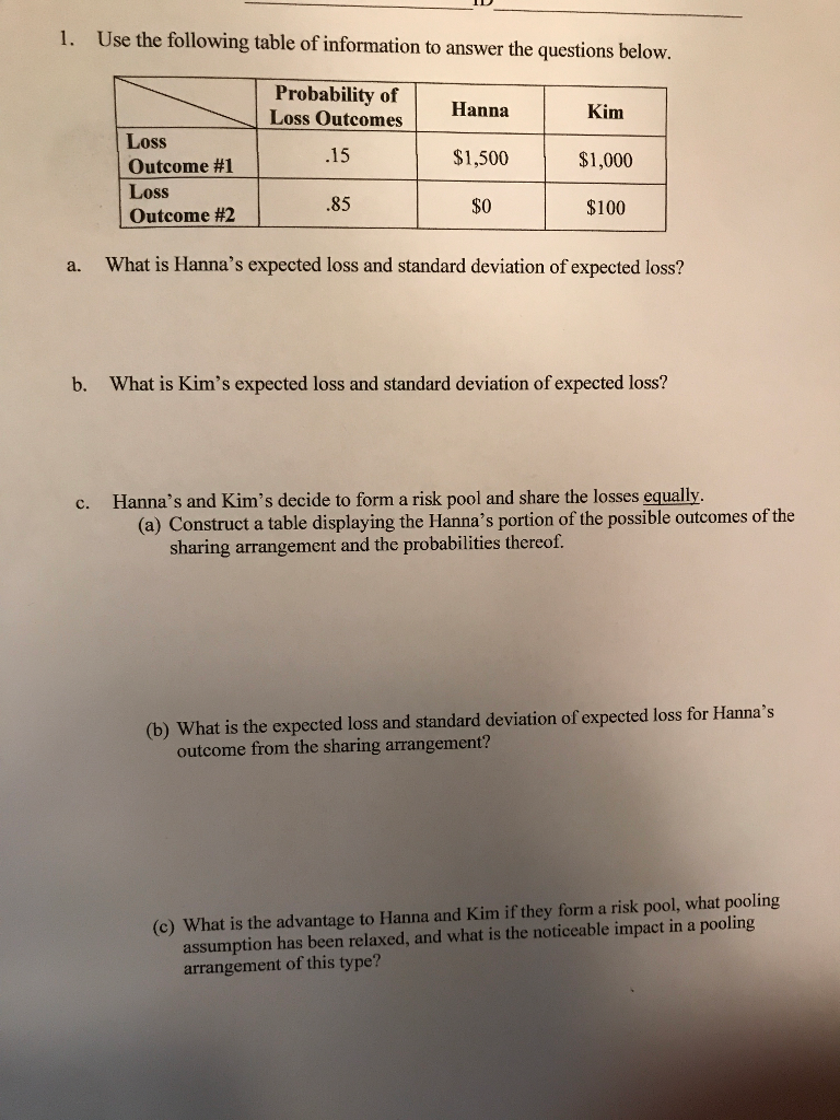 1. Use the following table of information to answer | Chegg.com