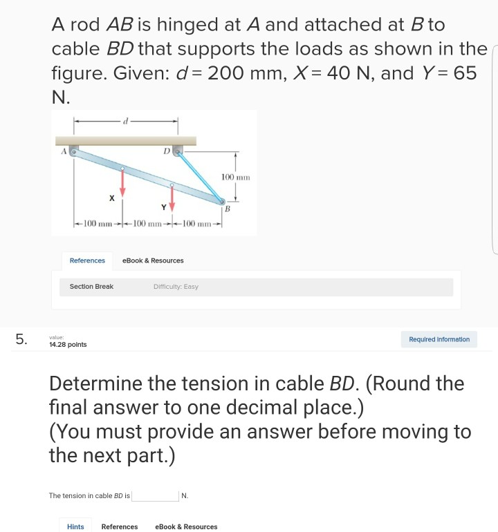 Solved A rod AB is hinged at A and attached at B to cable BD | Chegg.com