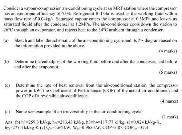 Solved Consider a vapour-compression air-conditioning cycle | Chegg.com