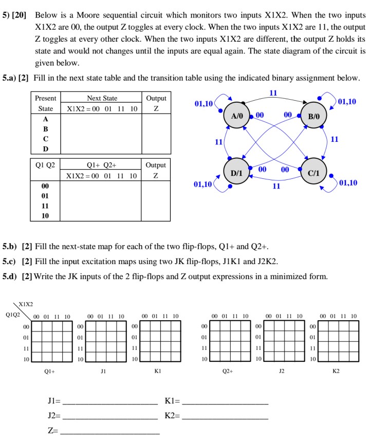 Solved 5) [20] Below is a Moore sequential circuit which | Chegg.com