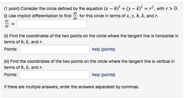 Solved (1 point) Consider the circle defined by the equation | Chegg.com