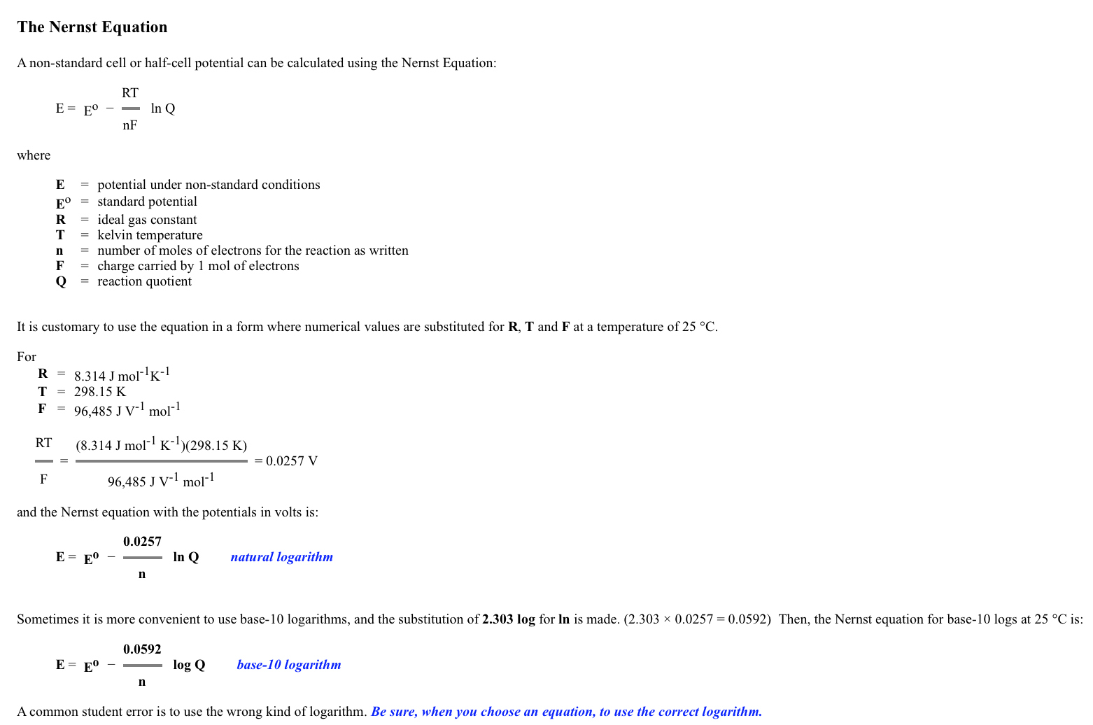 Solved The Nernst Equation A non-standard cell or half-cell | Chegg.com