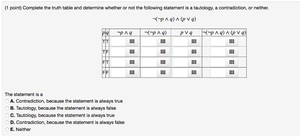 Solved (1 point) Complete the following truth table by | Chegg.com