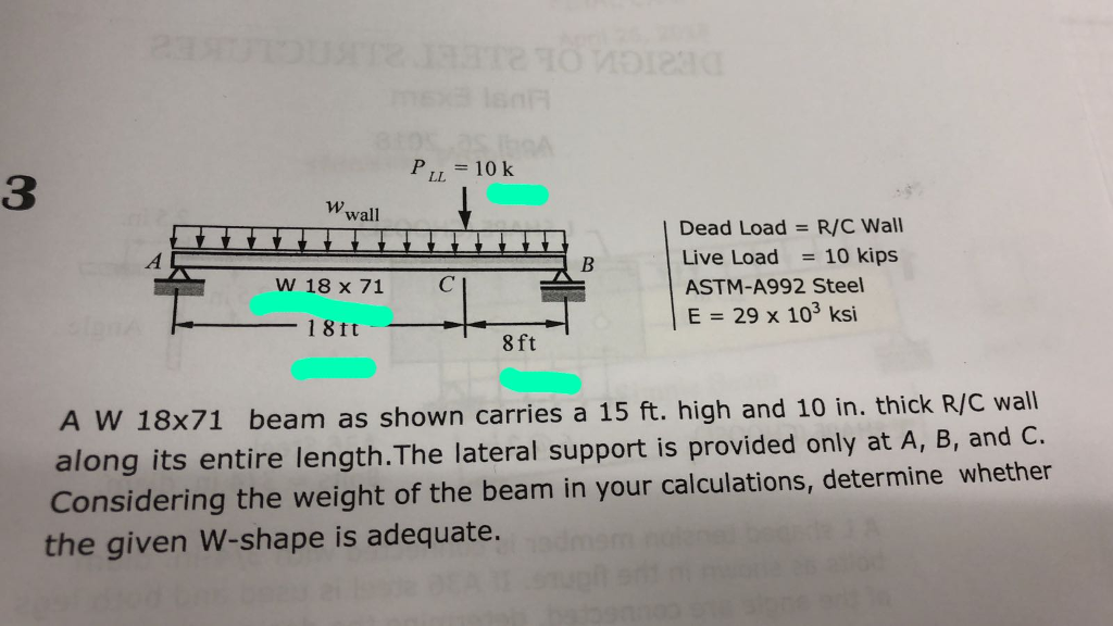 Solved PLL = 10k 3 W wall Dead Load = R/C wall Live Load = | Chegg.com