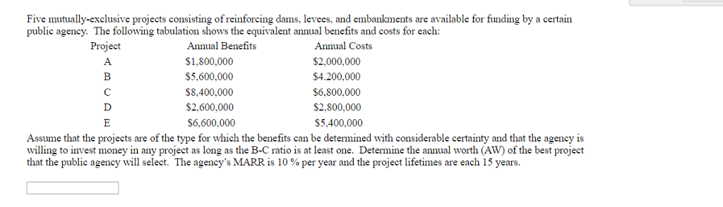 Solved Five mutually-exclusive projects consisting of | Chegg.com