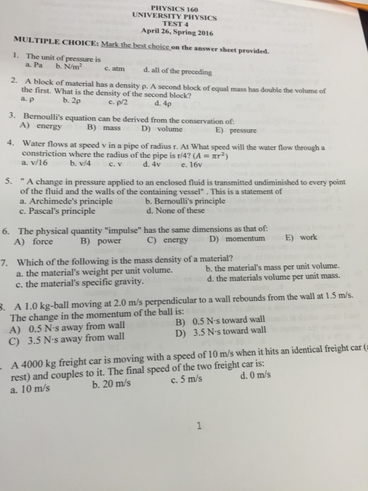 Solved The unit of pressure is Pa N/m^2 atm all of the | Chegg.com