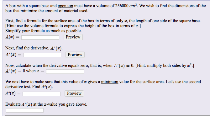 Solved A box with a square base and open top must have a | Chegg.com