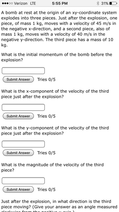 Solved A bomb at rest at the origin of an xy-coordinate | Chegg.com