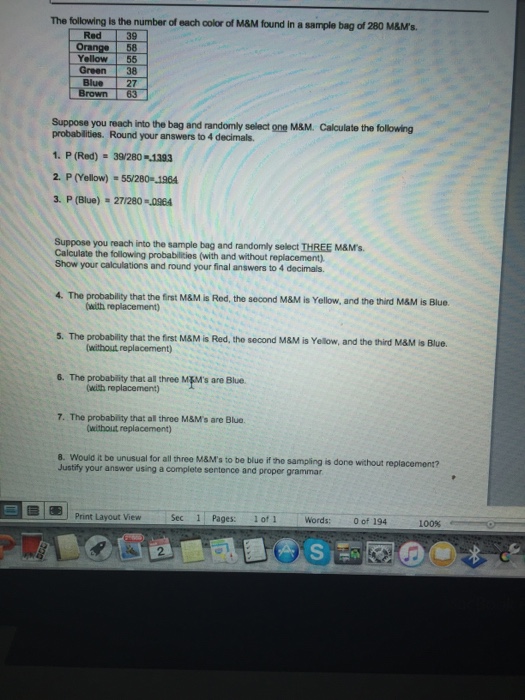 Solved The following is the number of each color of M&M | Chegg.com