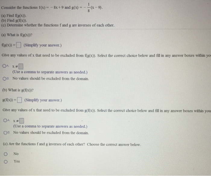 Solved Consider the functions f (x) = - 8x + 9 and g(x) = - | Chegg.com