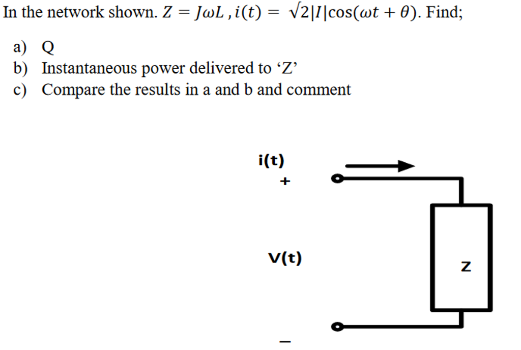 Solved In the network shown. Z = J omega L, i(t)= Squareroot | Chegg.com